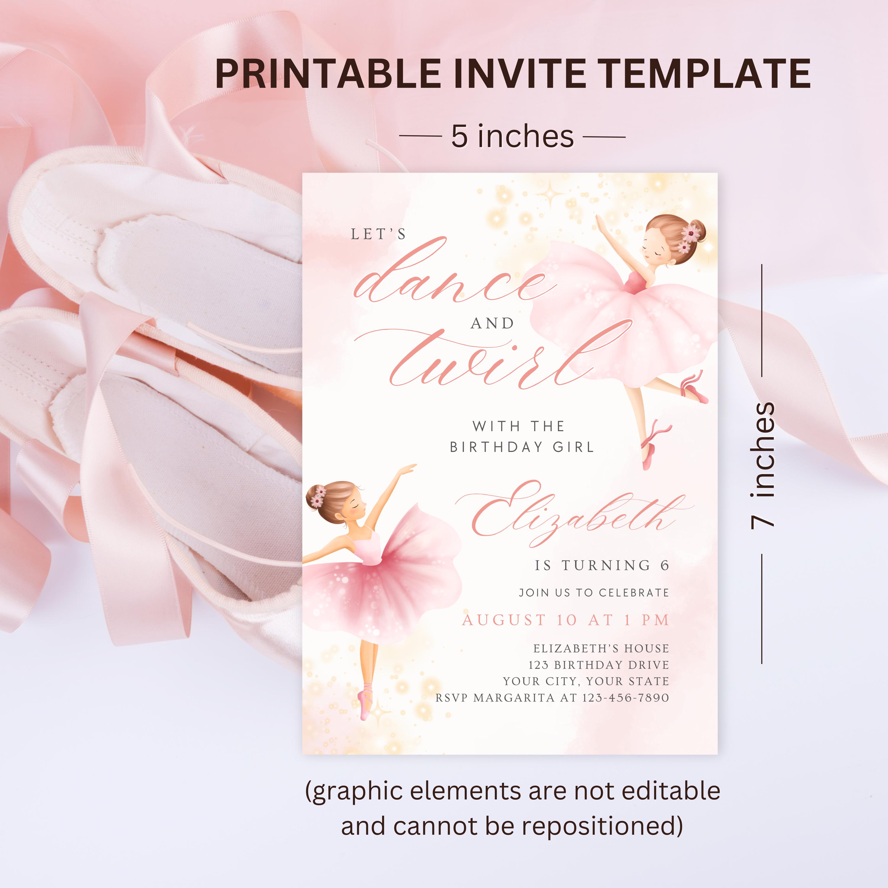 Ballerina Birthday Invitation Editable, Girl Ballet Theme Pink Invite ...