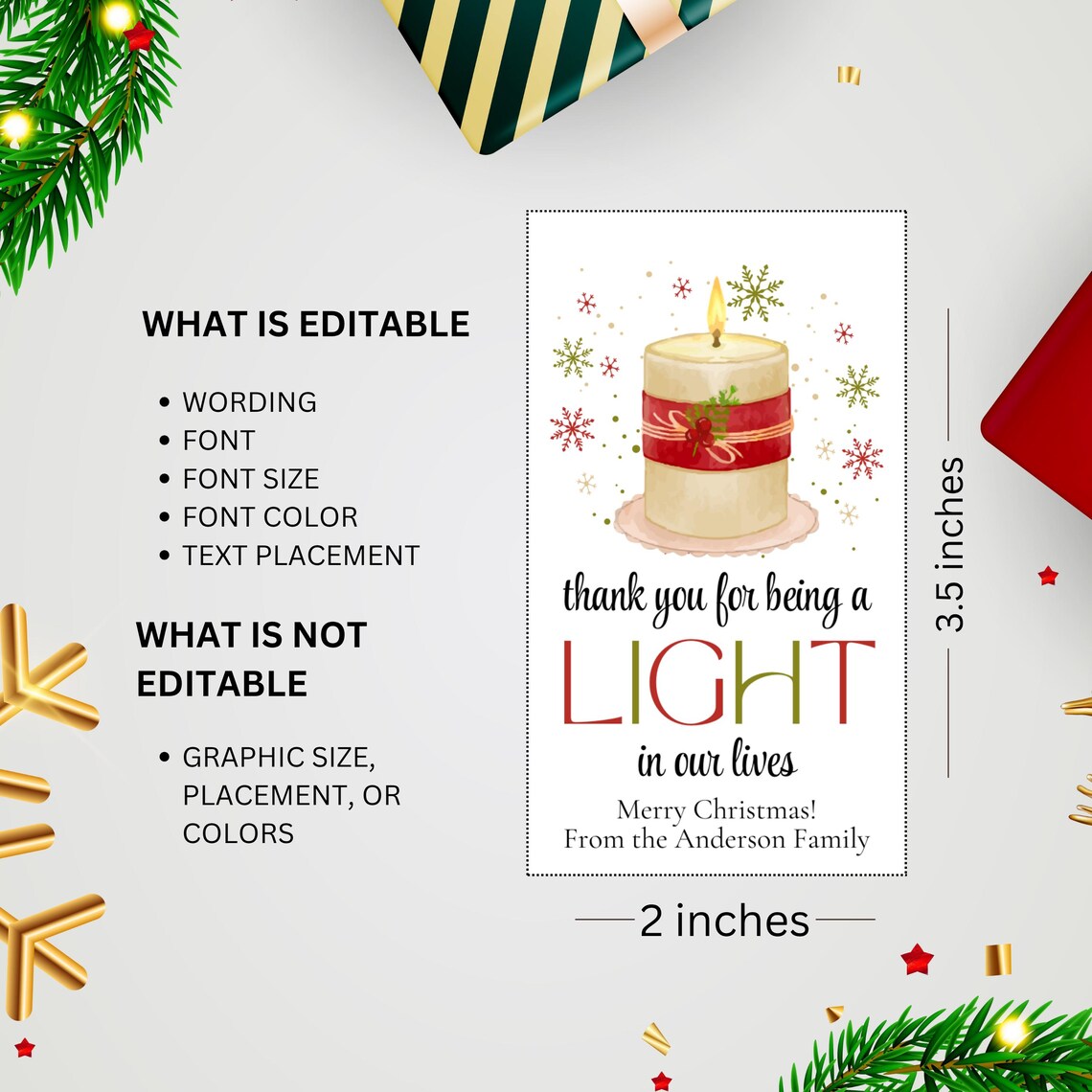 Christmas Candle Editable Gift Tag, Teacher Holiday Printable Favor ...