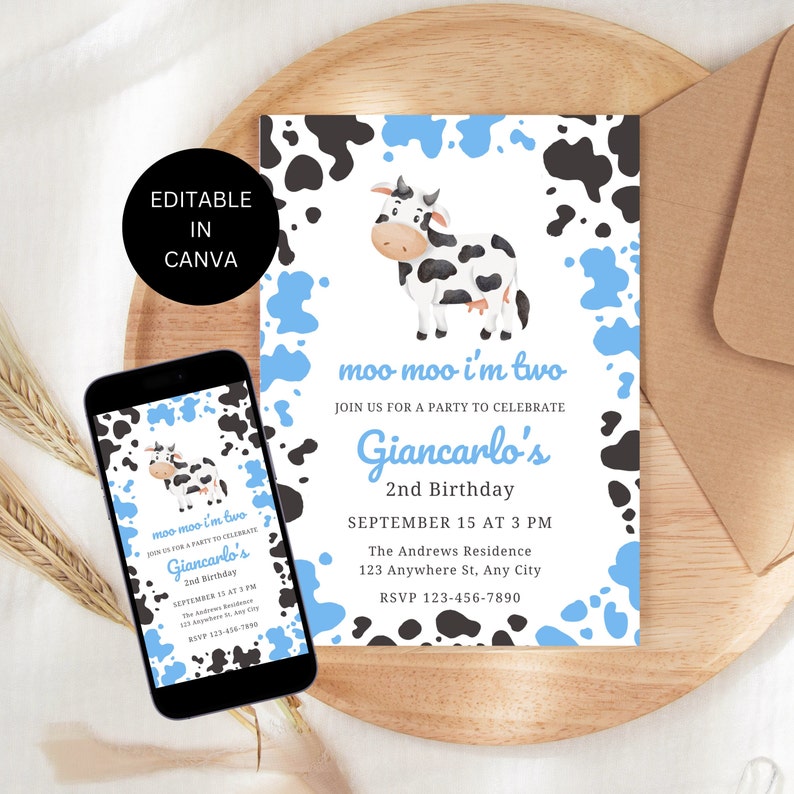 Moo Moo Im Two Digital Invite Editable, Boy Birthday Party Printable ...