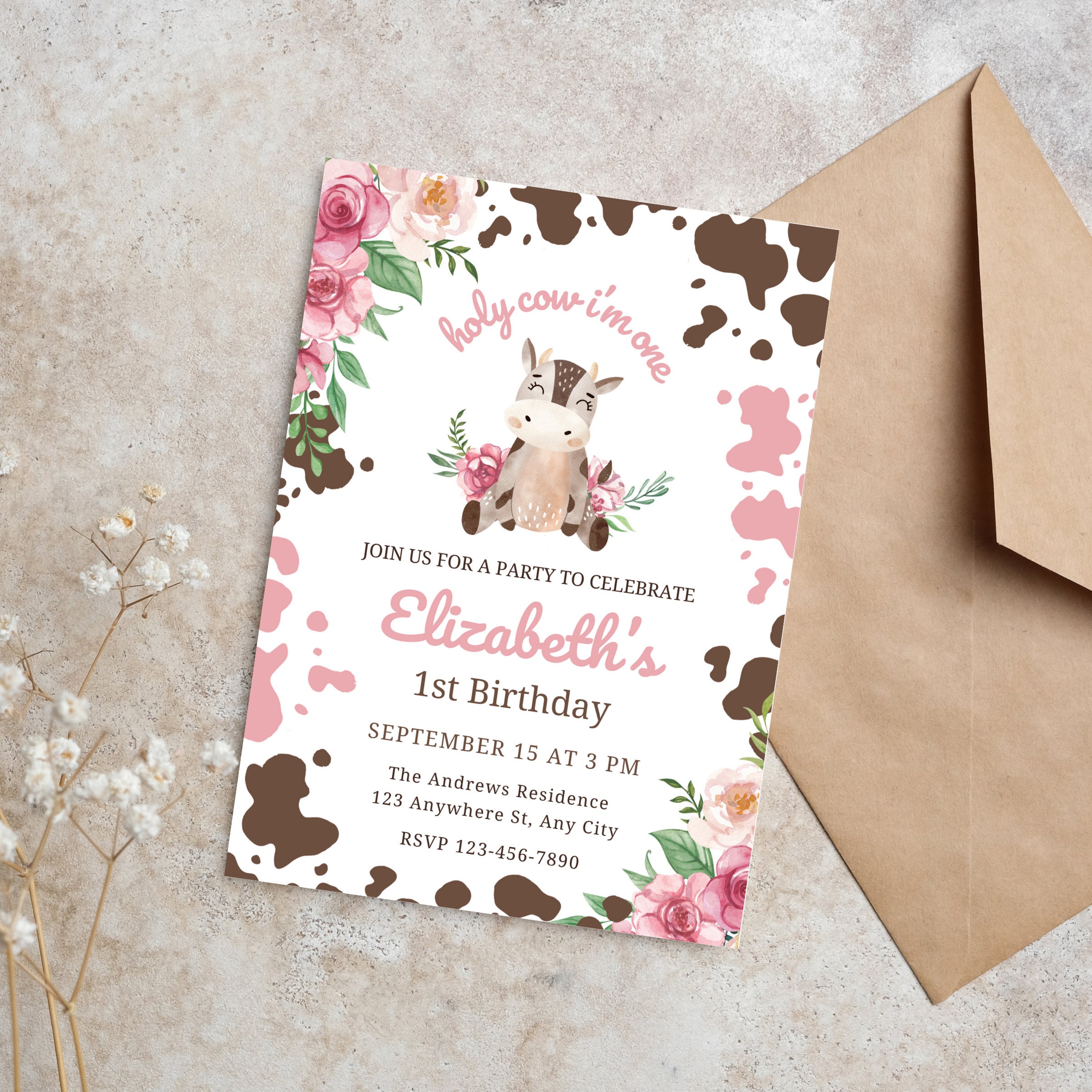 Holy Cow Im One Invitation Editable, Cow 1st Birthday Girl Invite, I'm ...
