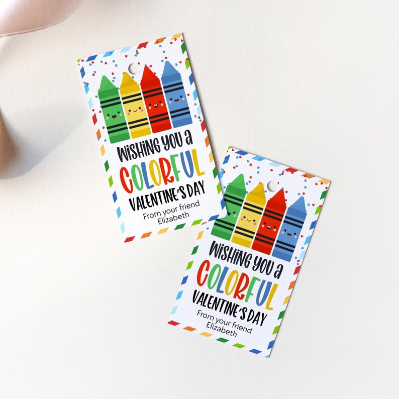 Valentine's Day Crayon Gift Tag Editable, Colorful Daycare Prek Student ...