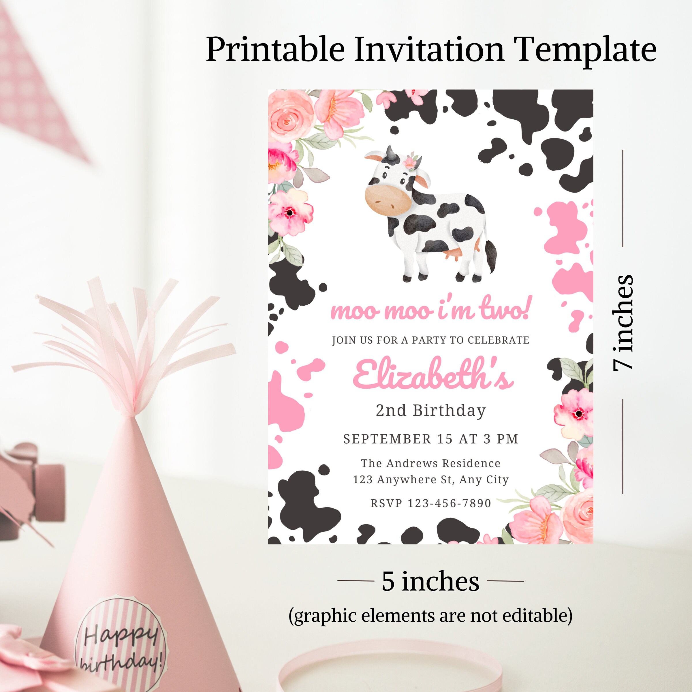Moo Moo Im Two Invitation Birthday Party Editable, Printable Girl I'm 2 ...