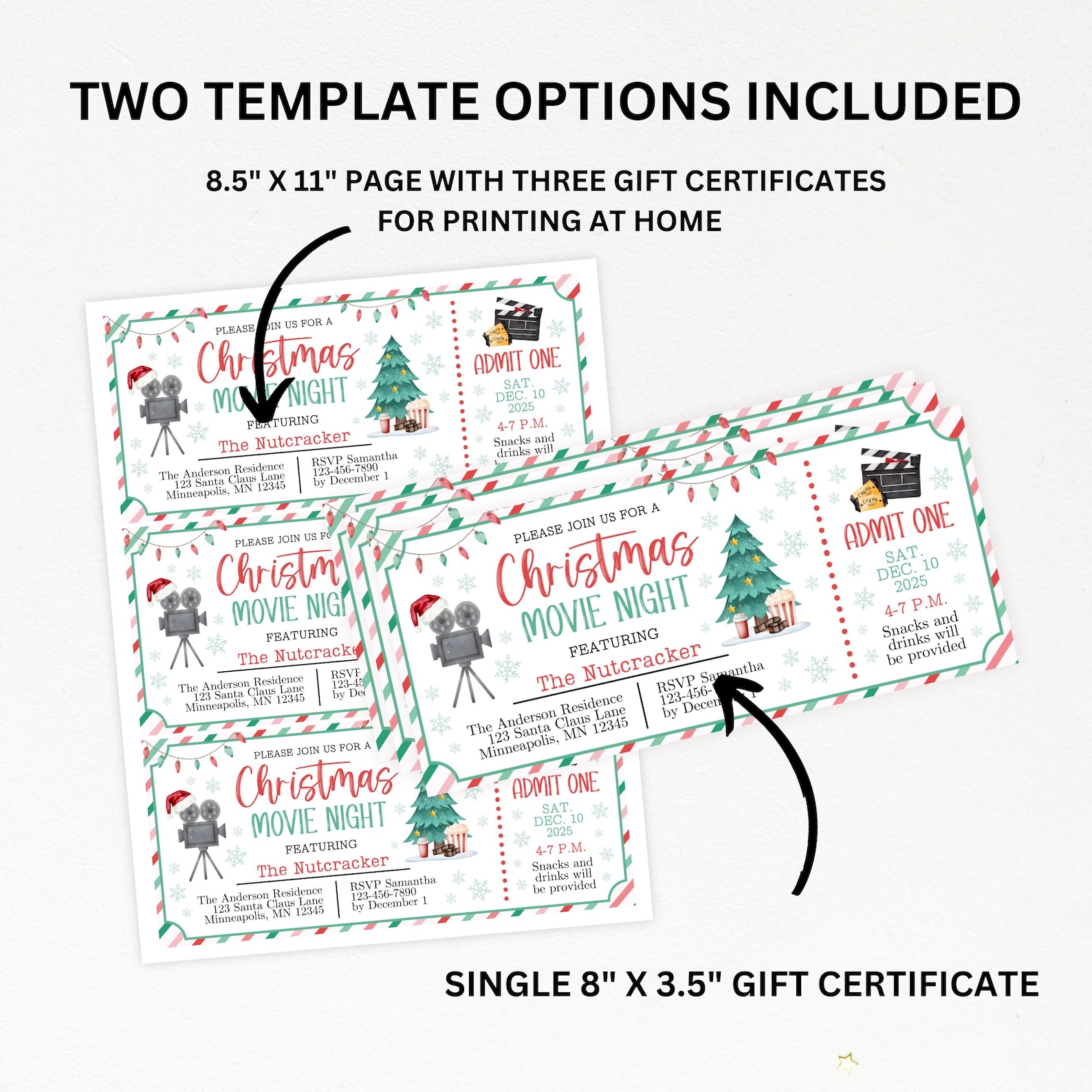 Printable Christmas Movie Night Ticket Invitation, Holiday Family Movie ...