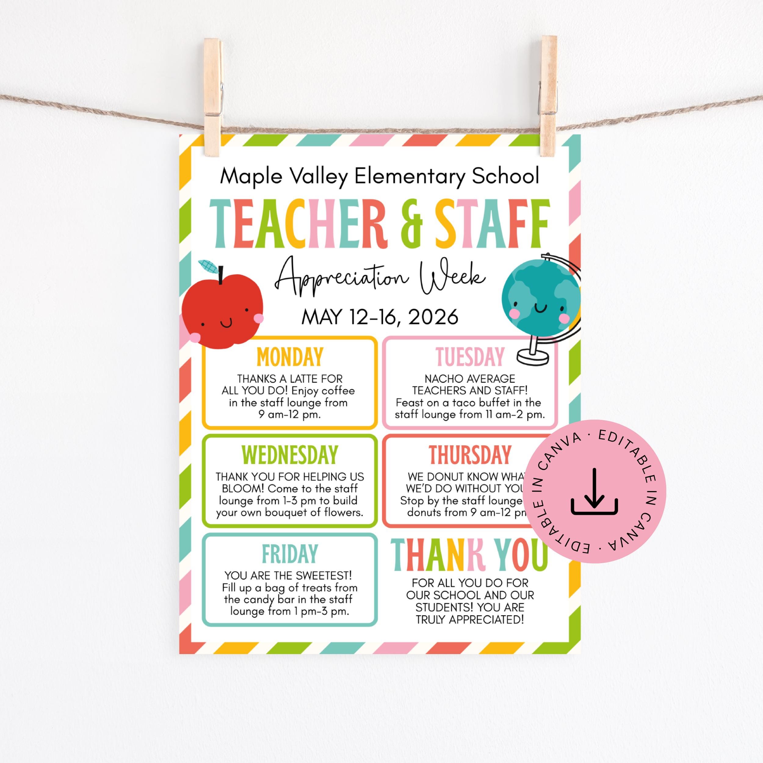 Teacher Appreciation Week Flyer Template Editable: School Staff Thank ...