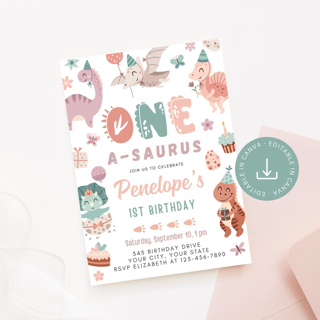 Oneasaurus Birthday Invitation, One A Saurus Girl Dino First Birthday ...
