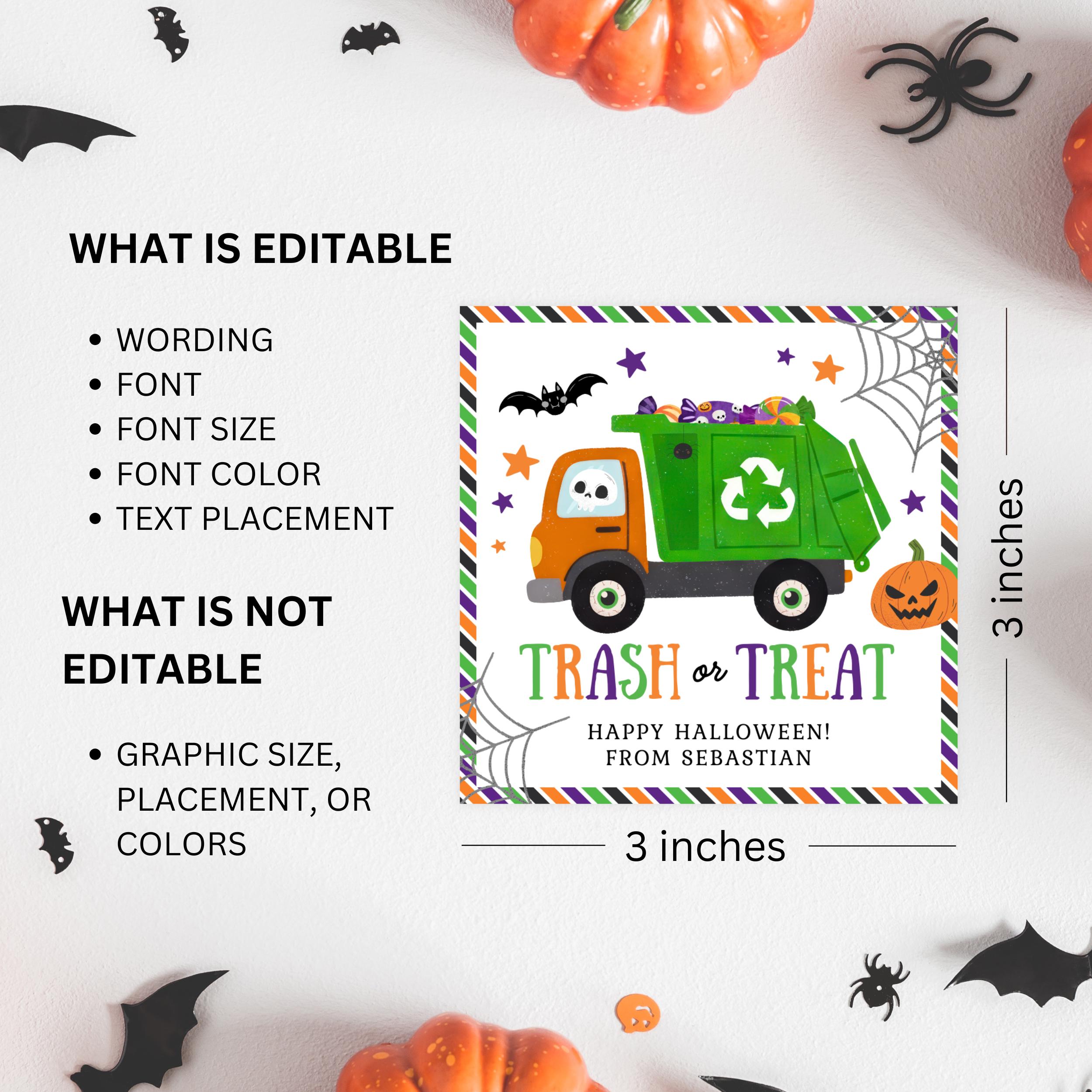 Halloween Garbage Truck Printable Gift Tag: Trash or Treat Editable ...