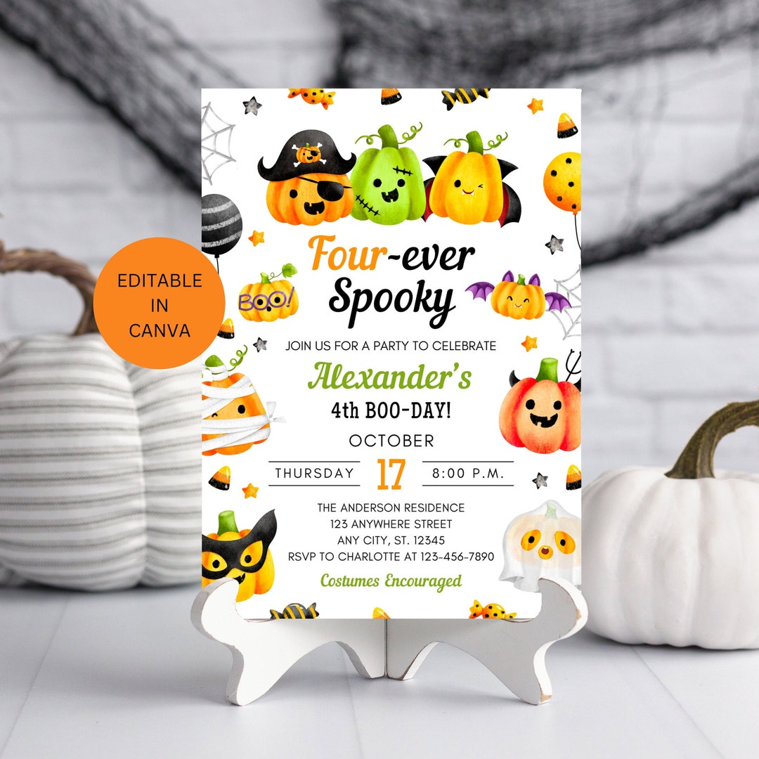 Four Ever Spooky Kids Birthday Party Invitation Editable Template ...