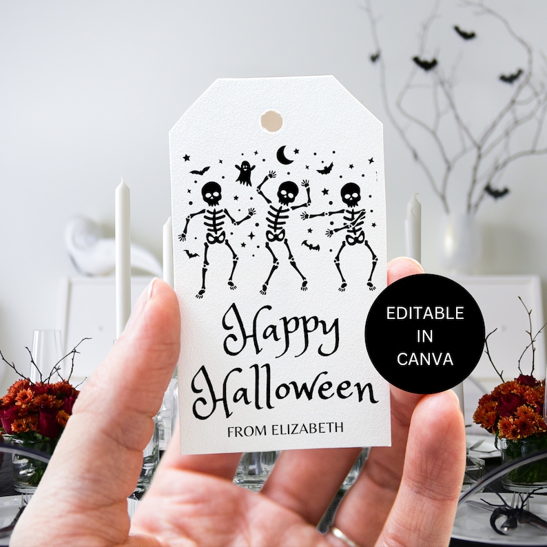 Editable Halloween Favor Tag, Black and White Printable Dancing ...