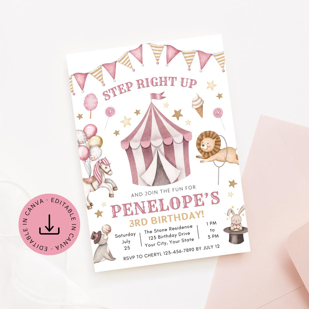 Pink Circus Invitation Editable Template, Printable Girl Circus Party ...