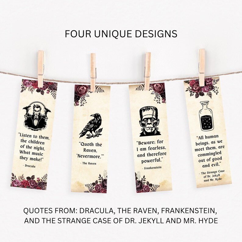 Printable Bookmarks Horror, Scary Classic Goth Novels Bookmark Set ...