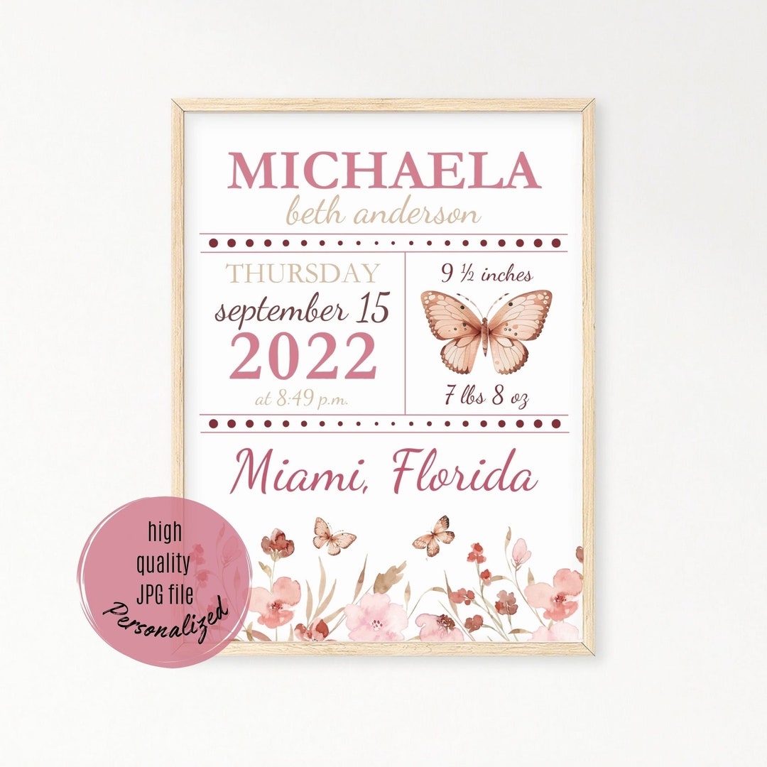 Baby Birth Stat Sign Girl, Birth Information Sign, Birth Details Sign ...