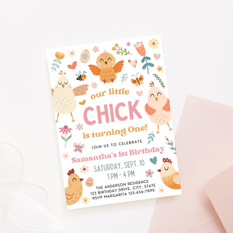 Our Little Chick is One Birthday Invite Editable, Chicken Spring First ...