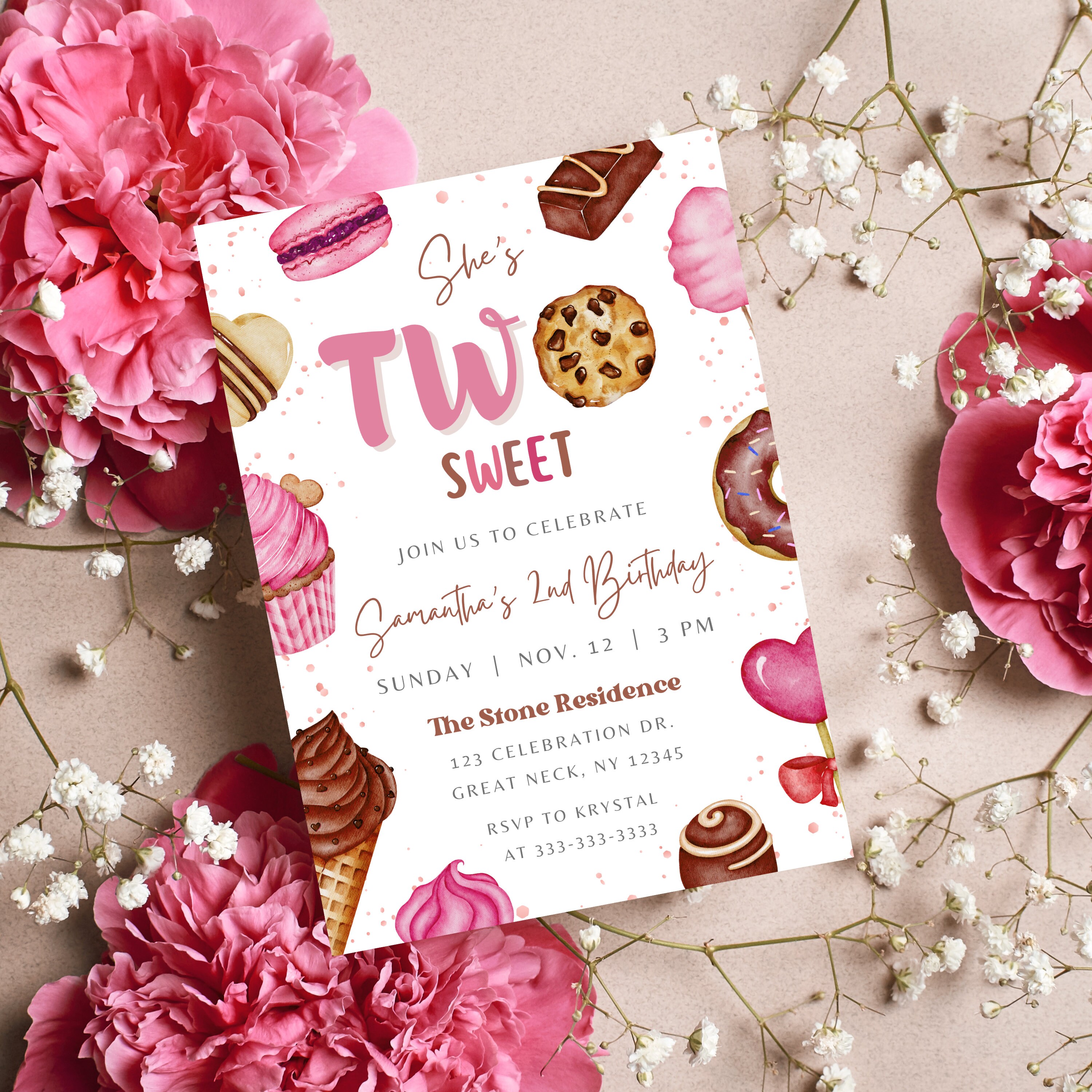 Two Sweet Birthday Party Invitation Editable, Evite Two Sweet, Pink ...