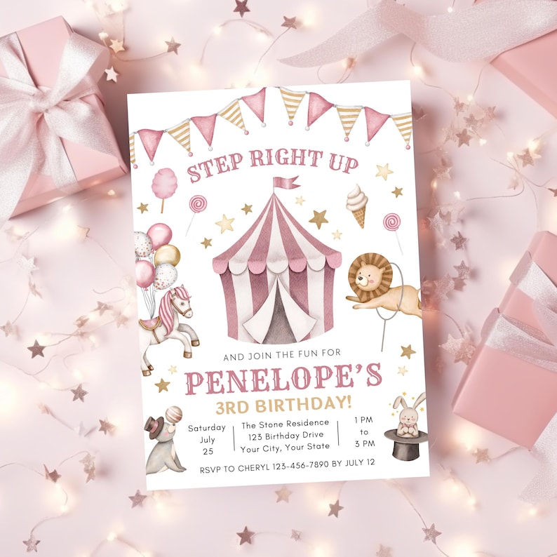 Pink Circus Invitation Editable Template, Printable Girl Circus Party ...