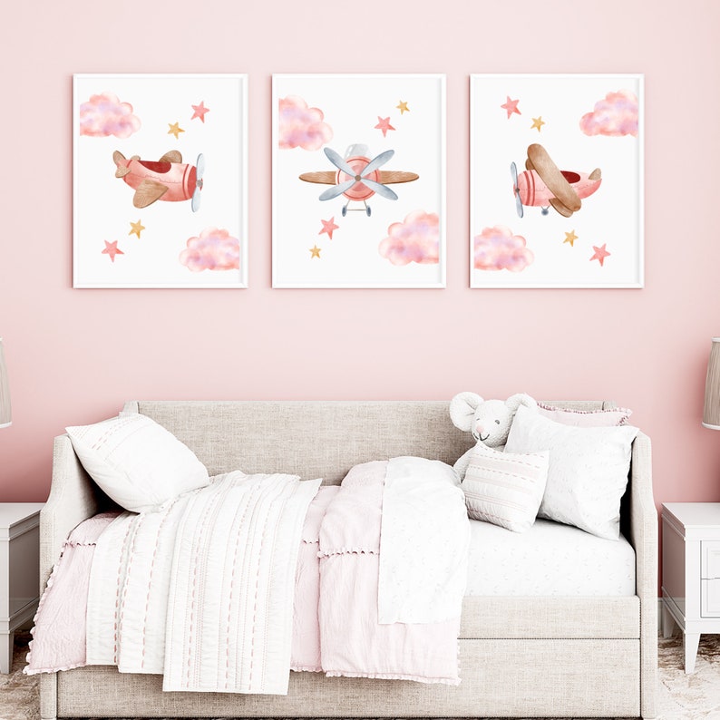 Pink Airplane Art, Baby Airplane Decor, Baby Girl Nursery Airplane ...