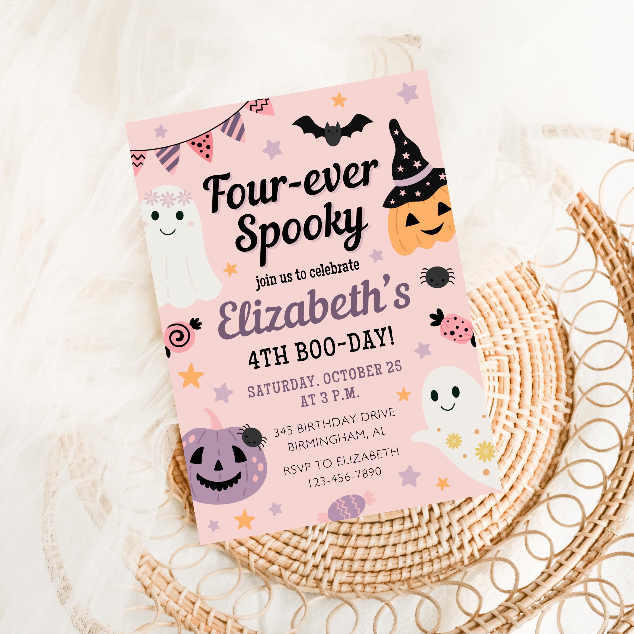 Four Ever Spooky Invitation, Pink Halloween Girl Fourth Bday Invite ...