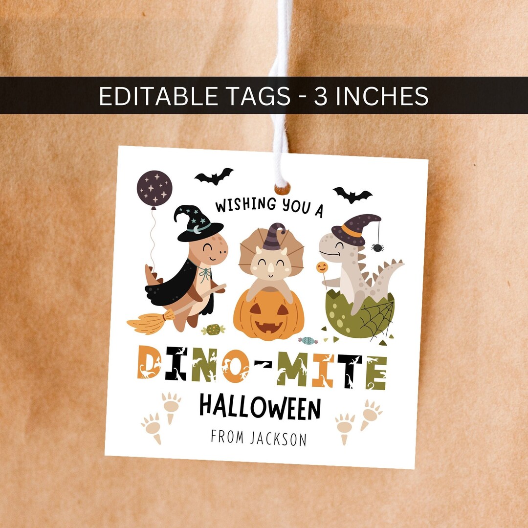 Dinosaur Halloween Tag Editable, Dinomite Halloween Boys Treat Favor ...