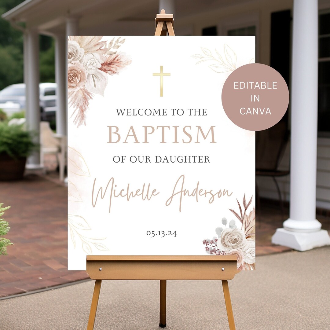 Boho Baptism Sign Girl Editable 16 X 20 Baby Christening Welcome Mauve ...