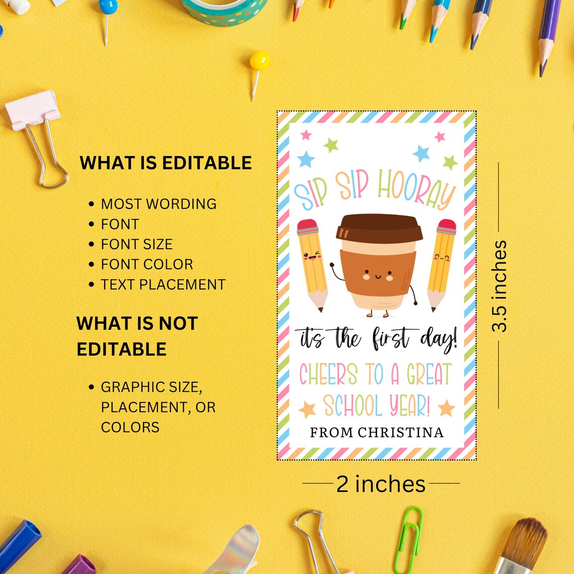 Teacher Coffee Tag Editable, Sip Sip Hooray First Day of School ...