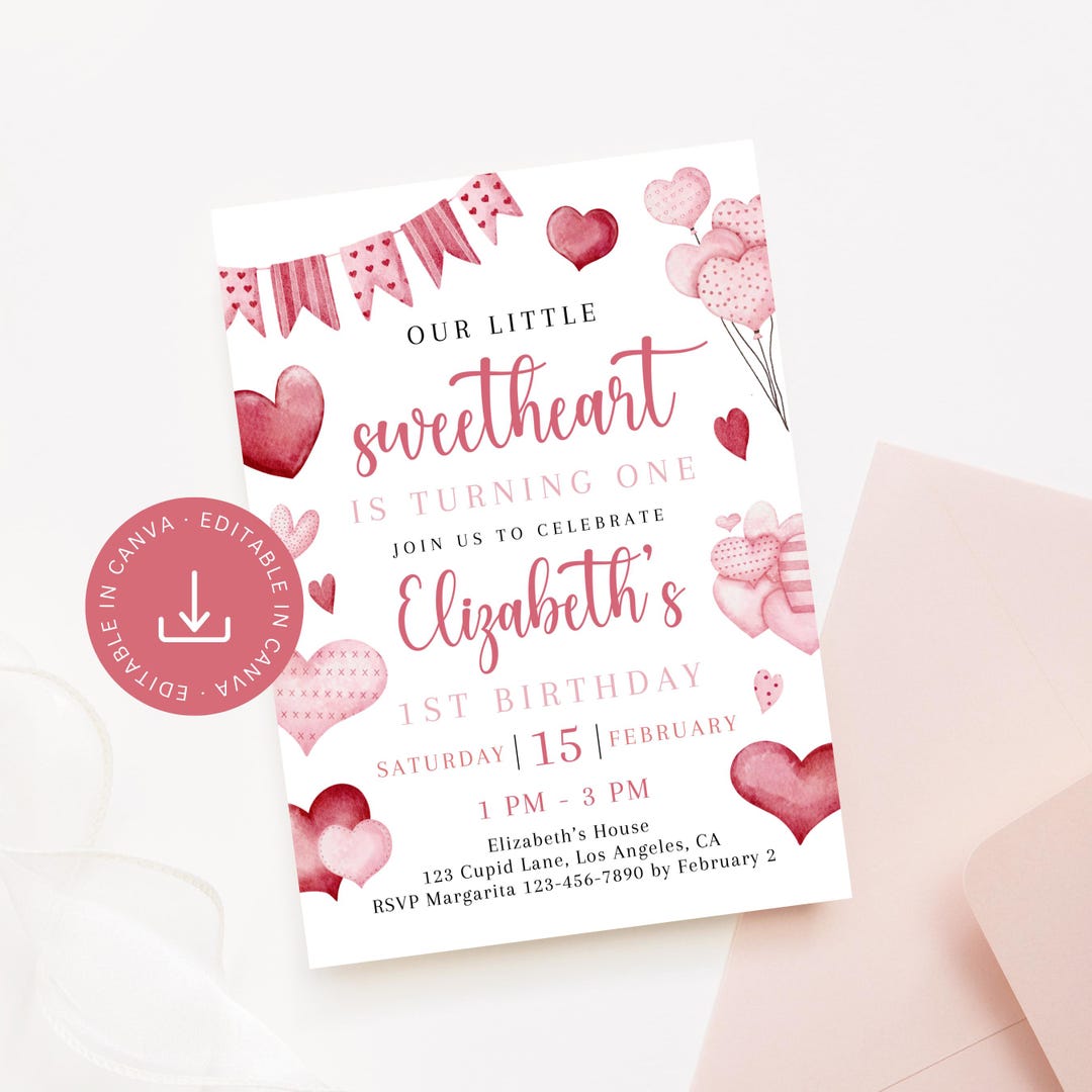Little Sweetheart First Birthday Party Editable Invitation, Valentines ...