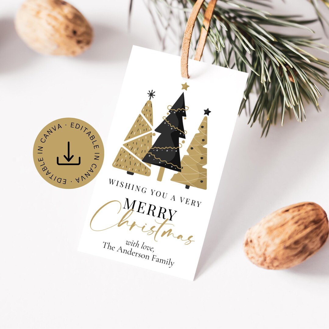 Black and Gold Christmas Tag Editable: Neutral Xmas Tree Label, Elegant ...