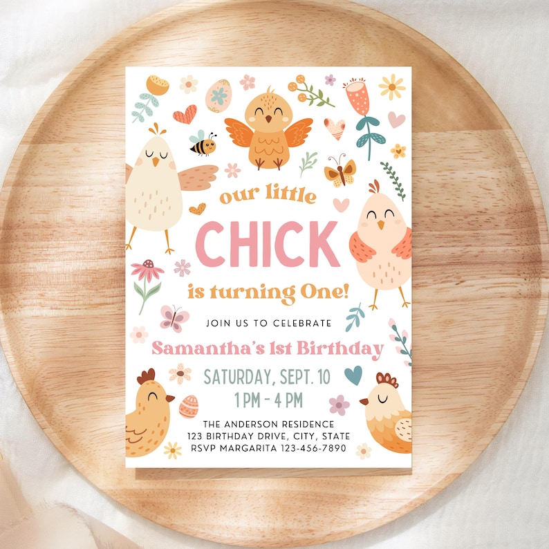 Our Little Chick is One Birthday Invite Editable, Chicken Spring First ...