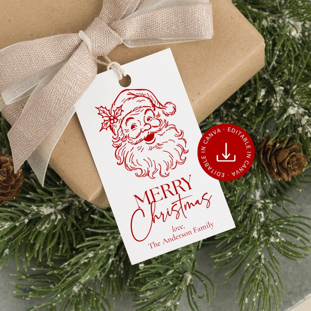 Santa Claus Christmas Tag Editable: Modern Red Holiday Printable Gift ...