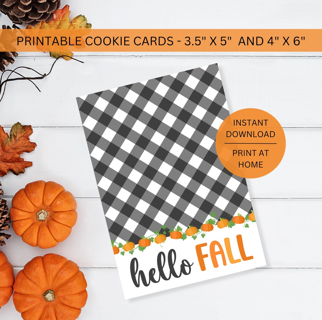 Hello Fall Black Plaid Printable Cookie Card, Autumn Mini Pumpkin Treat ...