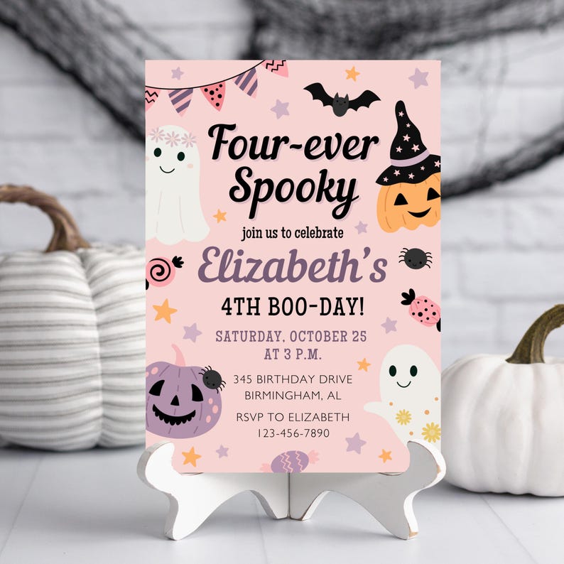 Four Ever Spooky Invitation, Pink Halloween Girl Fourth Bday Invite ...