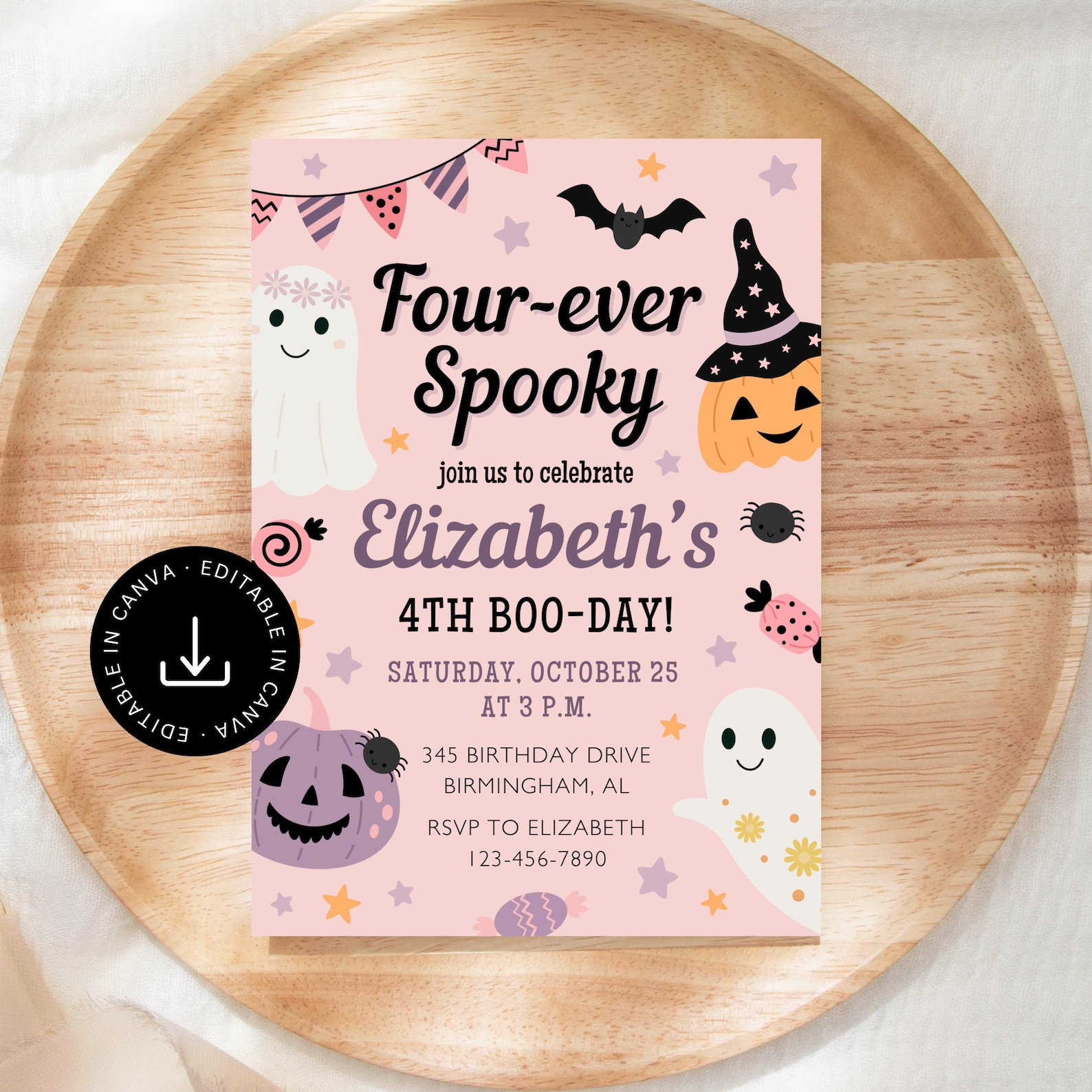 Four Ever Spooky Invitation, Pink Halloween Girl Fourth Bday Invite ...