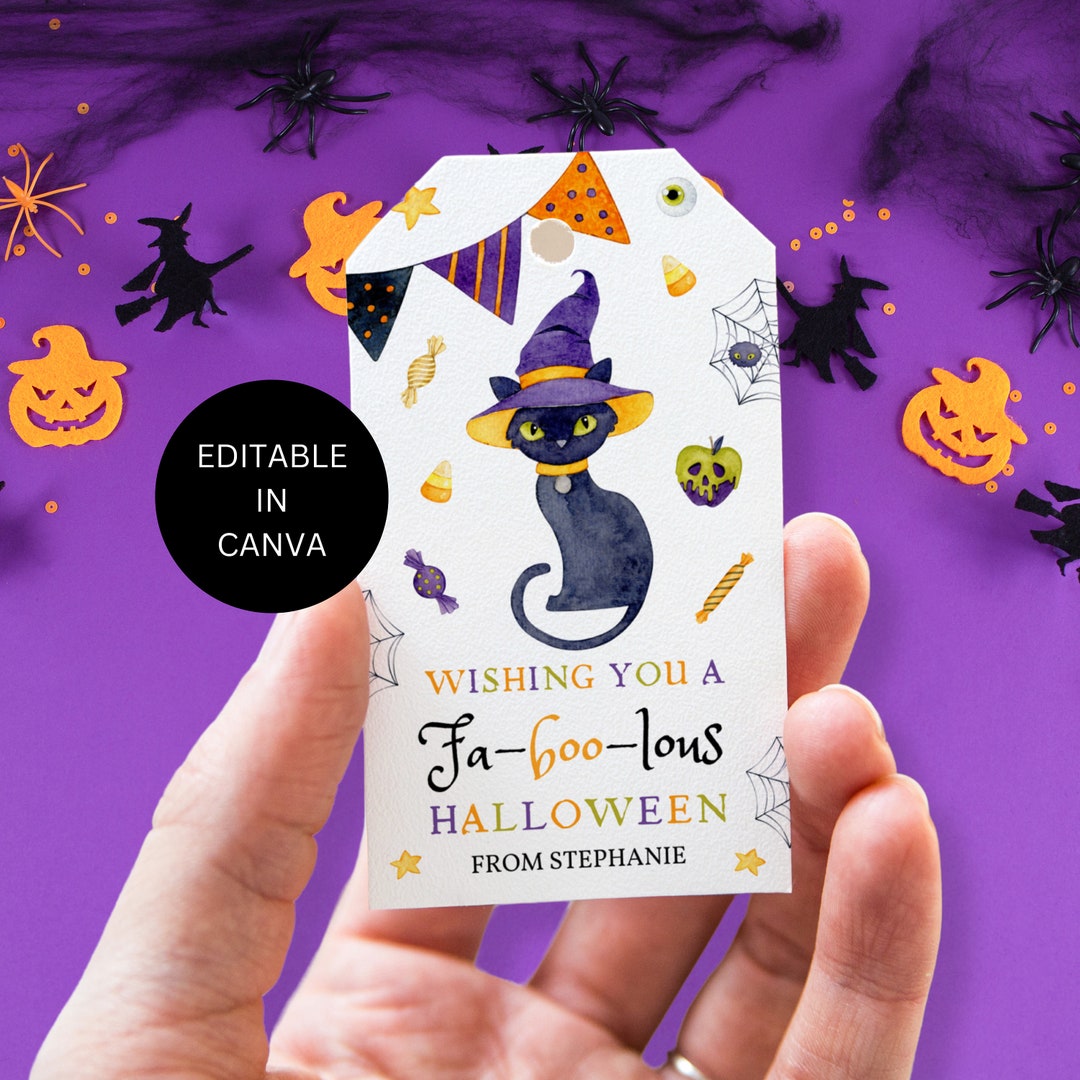 Editable Halloween Favor Tag Printable, Happy Halloween Black Cat Party ...