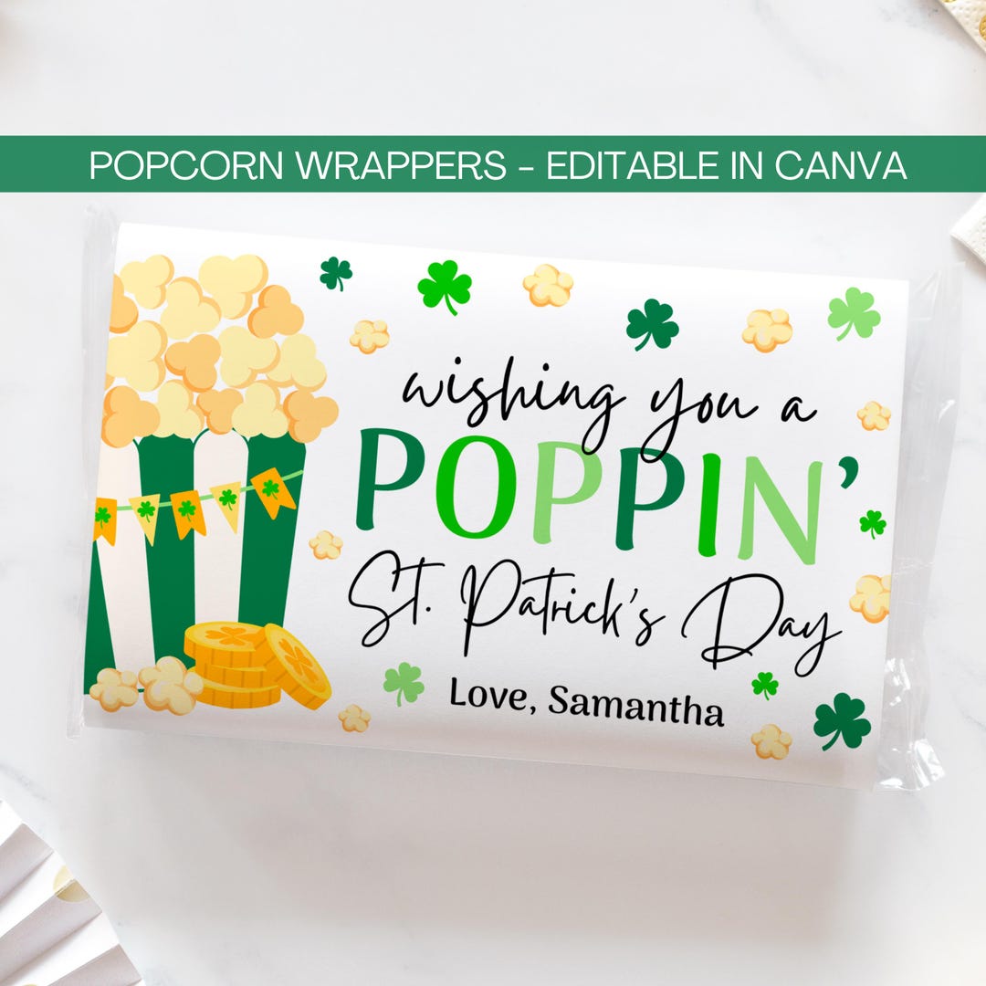 St. Patrick's Day Popcorn Wrapper Editable, Printable Microwave Popcorn ...
