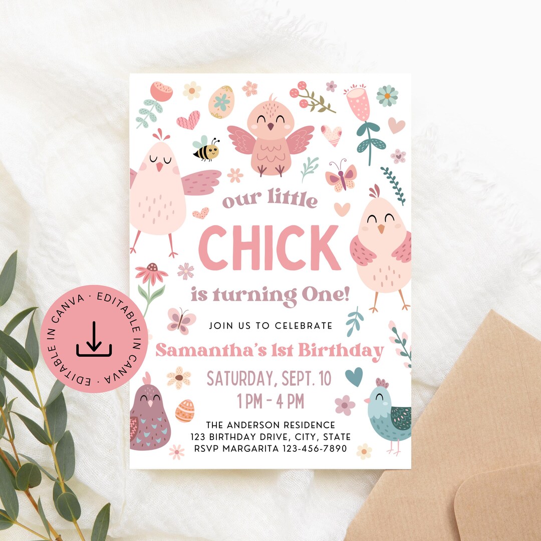 Our Little Chick is One Birthday Invite Editable, Chicken Spring First ...