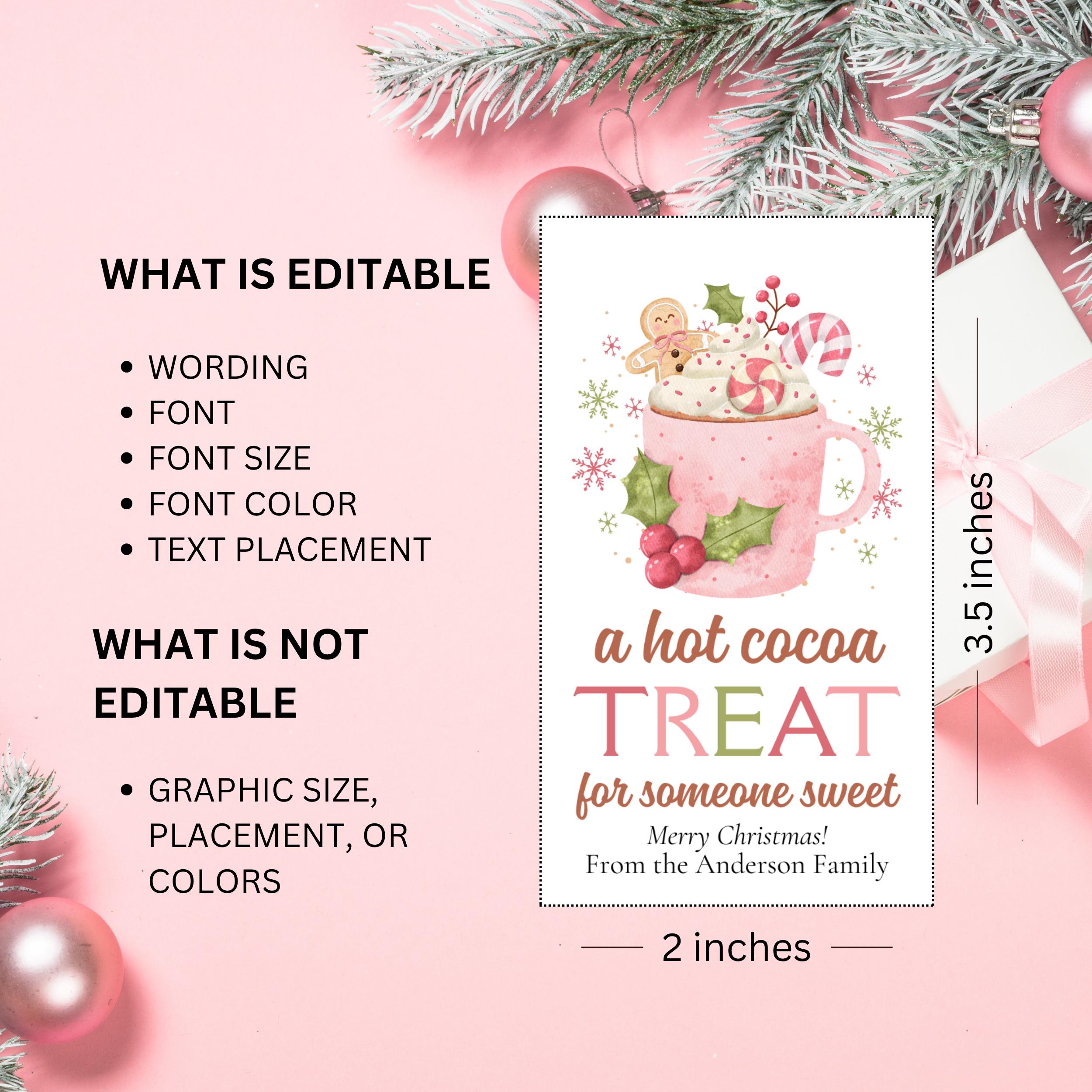 Hot Cocoa Christmas Gift Tag Printable, Editable Pink Hot Chocolate ...