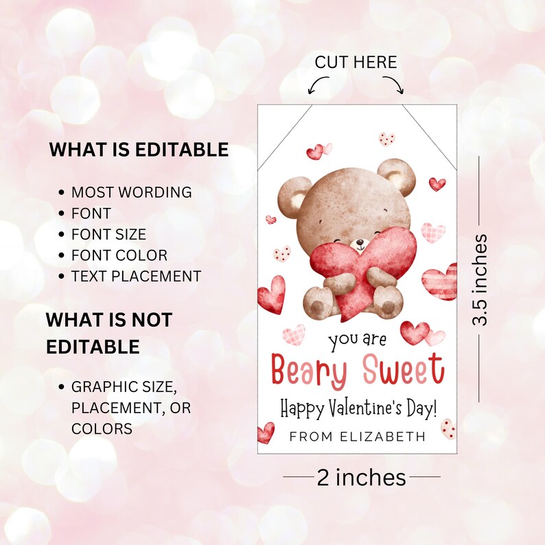 Teddy Bear Valentine Gift Tag Editable Template, Beary Sweet ...