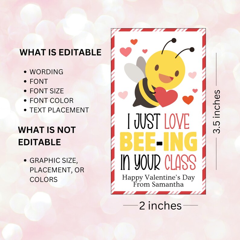 Bee Teacher Valentine's Day Tag Editable: School Staff Appreciation ...