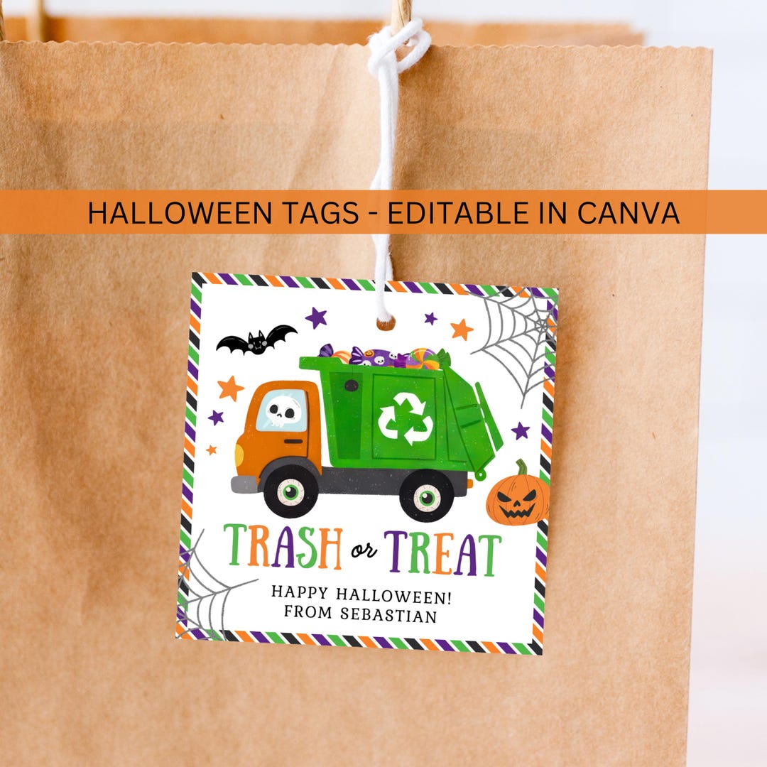 Halloween Garbage Truck Printable Gift Tag: Trash or Treat Editable ...