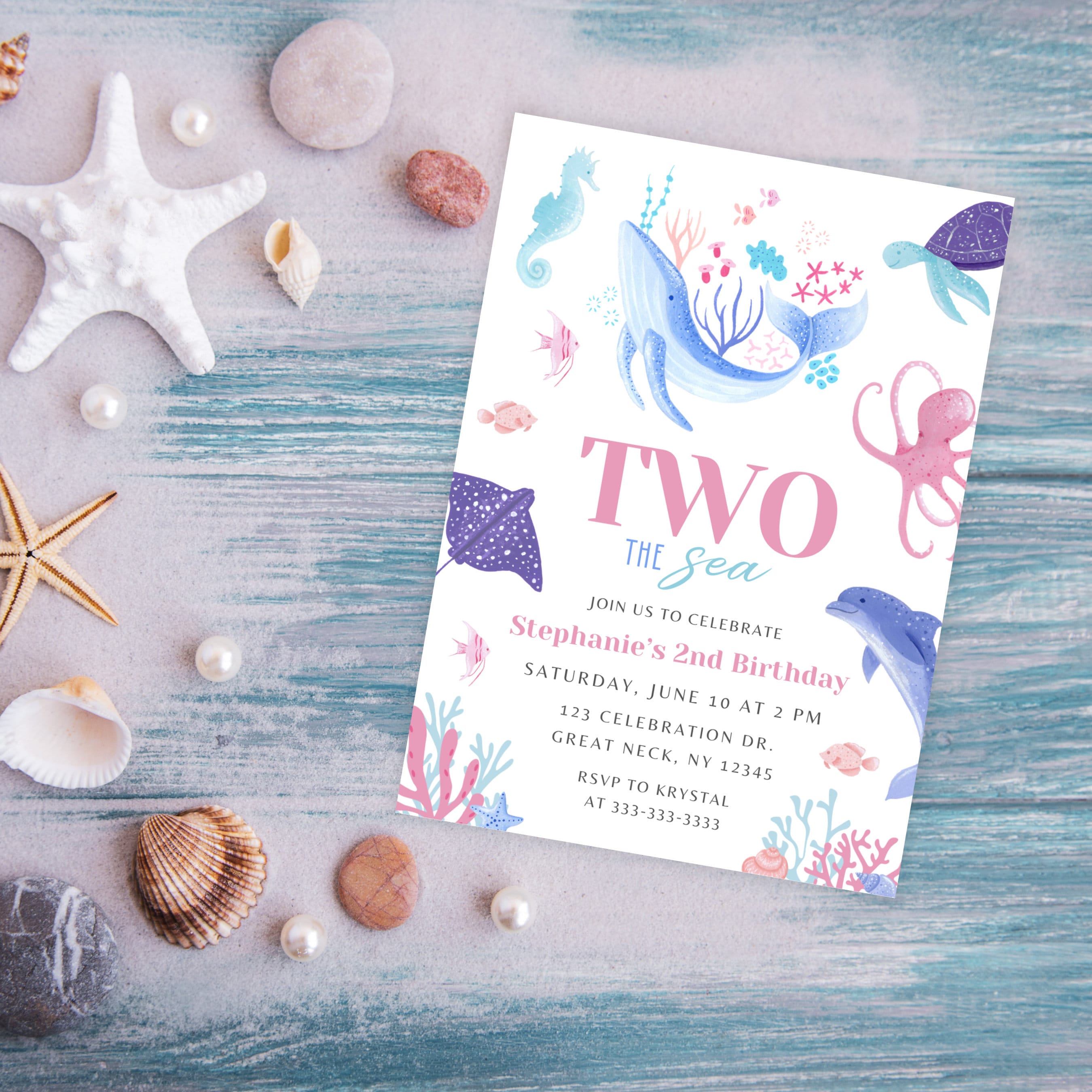 Two the Sea Birthday Invitation, Under Ocean Animals Theme Girl Second ...