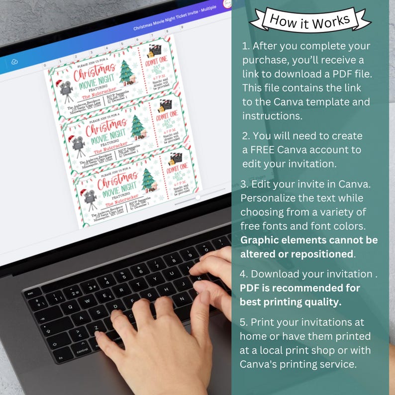 Printable Christmas Movie Night Ticket Invitation, Holiday Family Movie ...