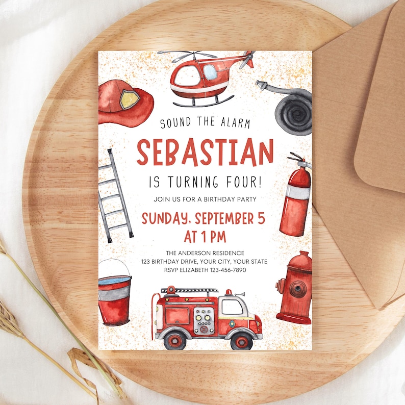 Firefighter Birthday Invite Editable Template, Fire Engine Boy Party ...