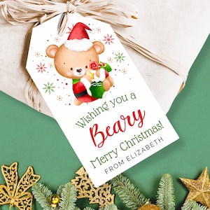 Beary Merry Christmas Gift Tag Print, Editable Bear Holiday Digital Kid ...