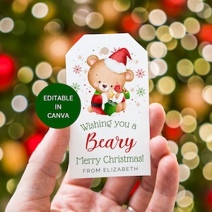 Beary Merry Christmas Gift Tag Print, Editable Bear Holiday Digital Kid ...