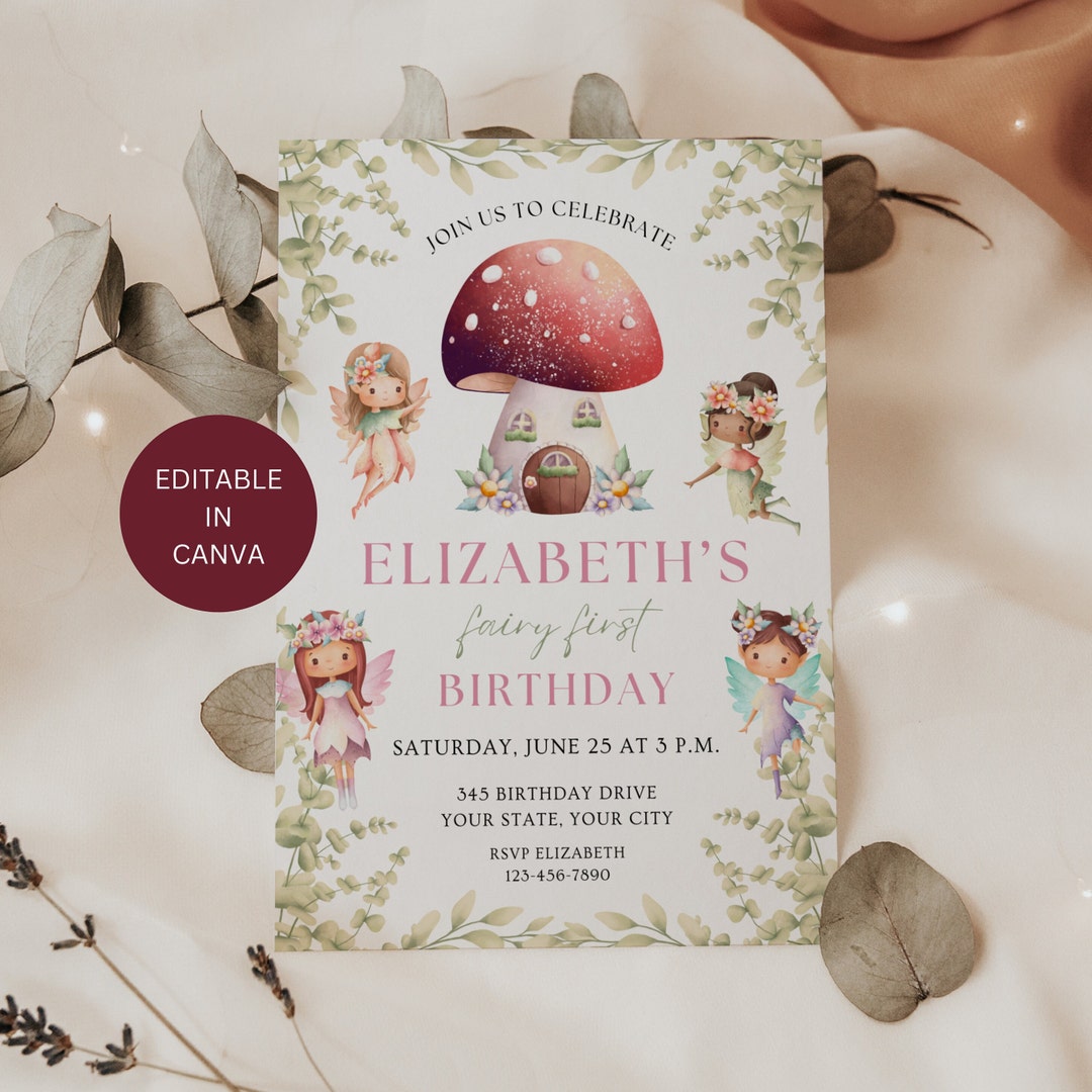 Fairy 1st Birthday Invitation Editable, Baby Girl First Party Enchanted ...