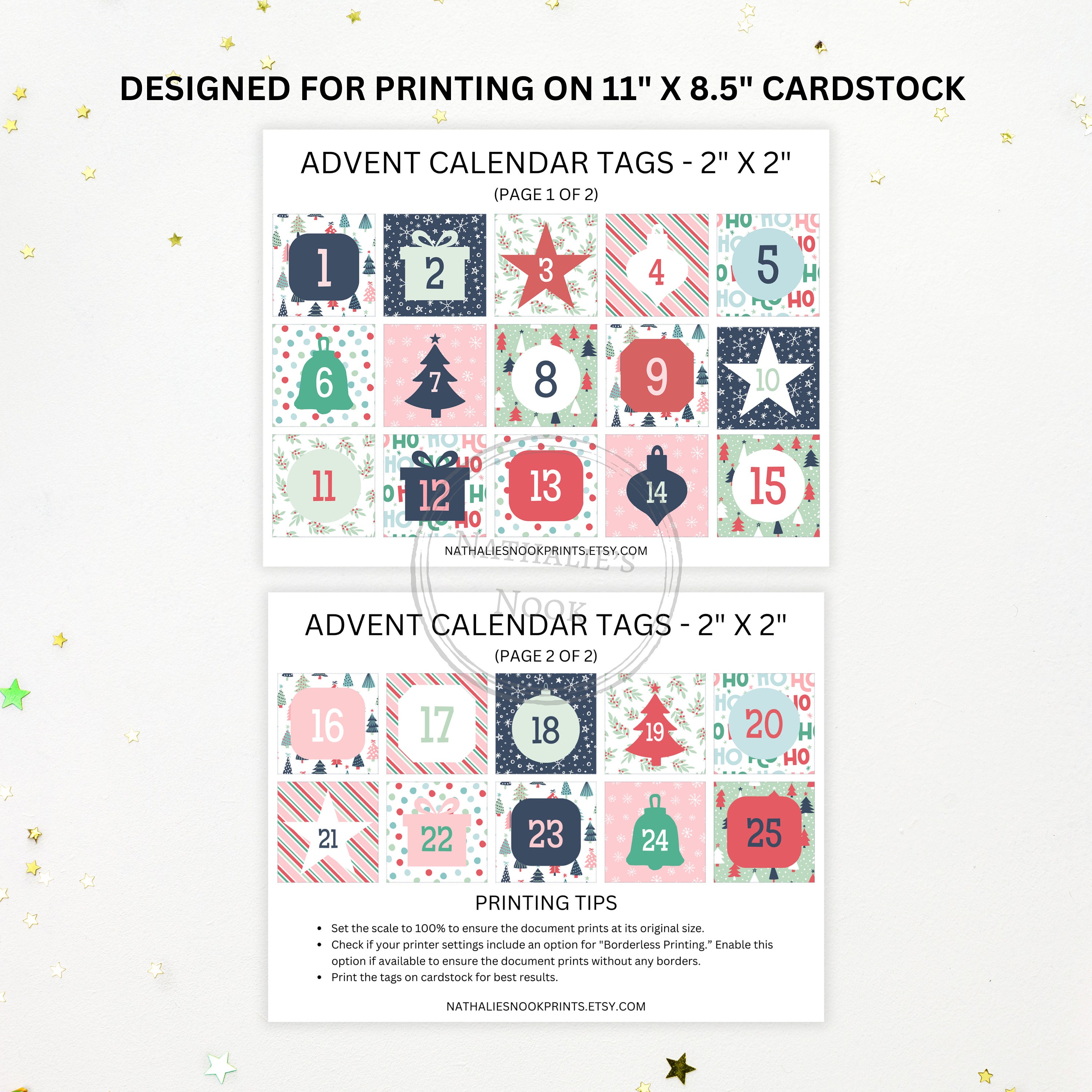 Printable Advent Calendar Tags Square 2x2 Inches, DIY Advent Number ...