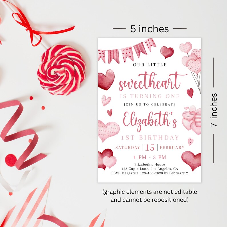 Little Sweetheart First Birthday Party Editable Invitation, Valentines ...