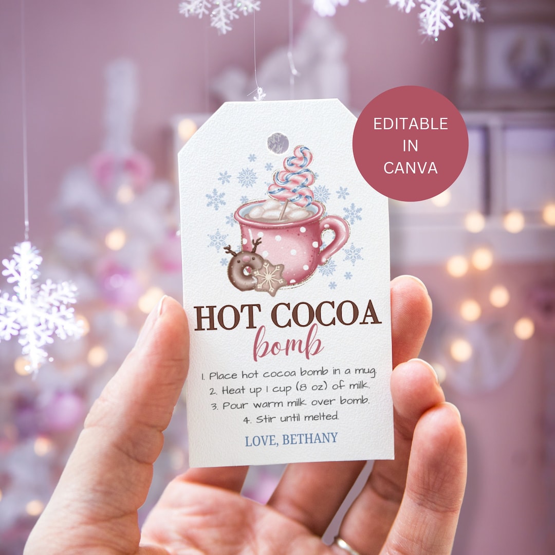Hot Cocoa Bombs Tags Printable, Editable Pink Christmas Hot Chocolate ...