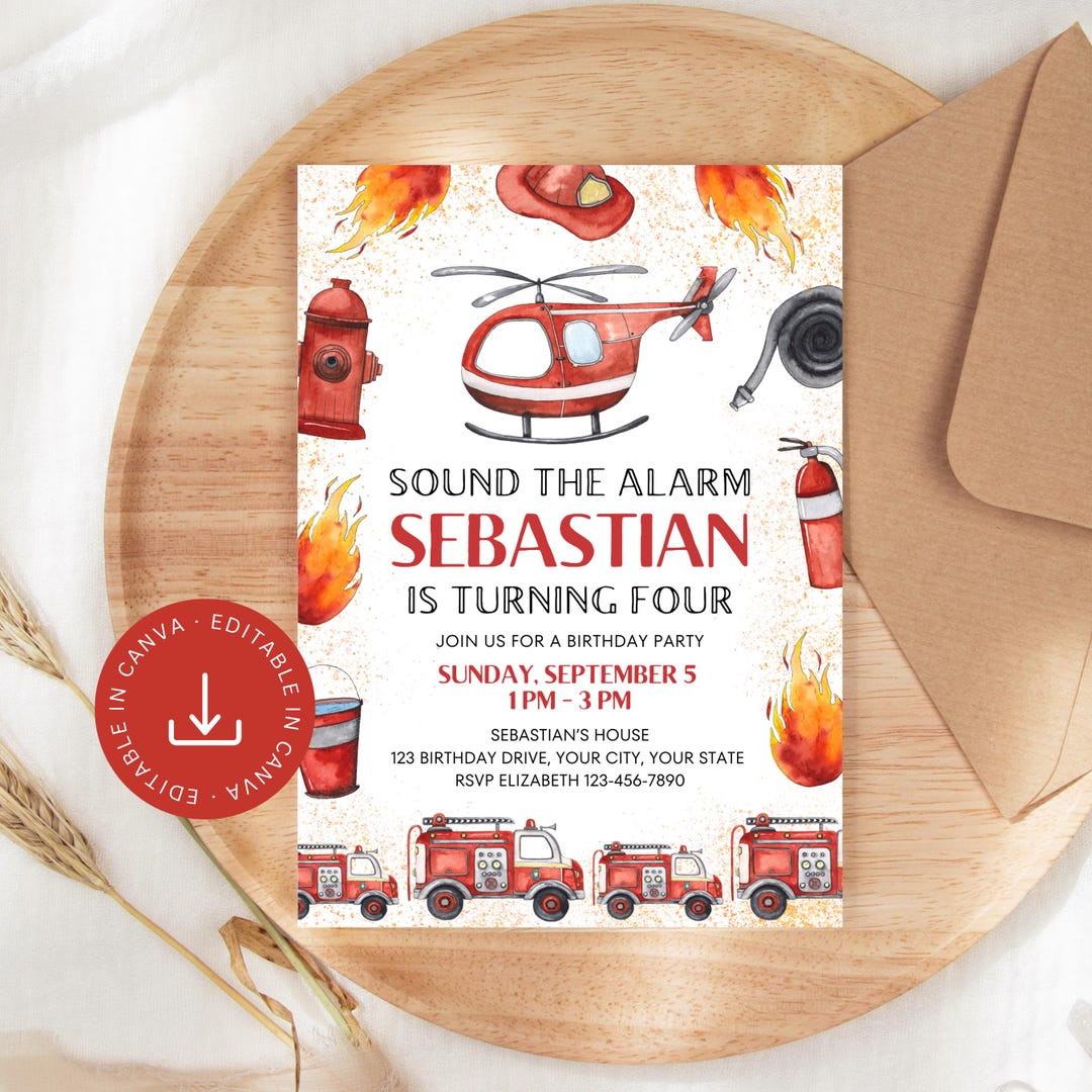 Firetruck Invitation Editable, Fireman Boy Birthday Invite Printable ...
