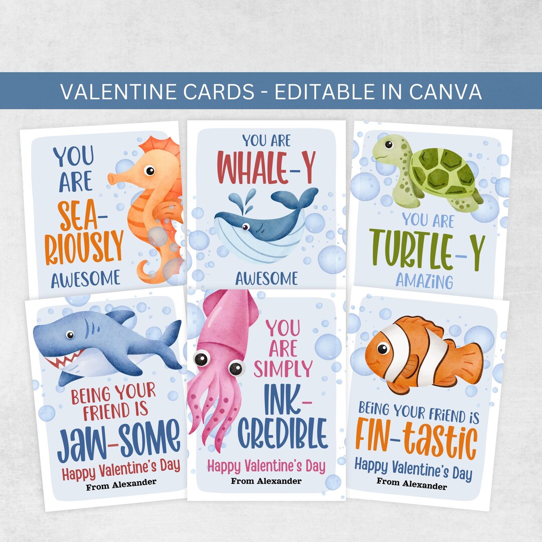 Under the Sea Animals Valentine's Day Cards Editable: Ocean Creatures ...