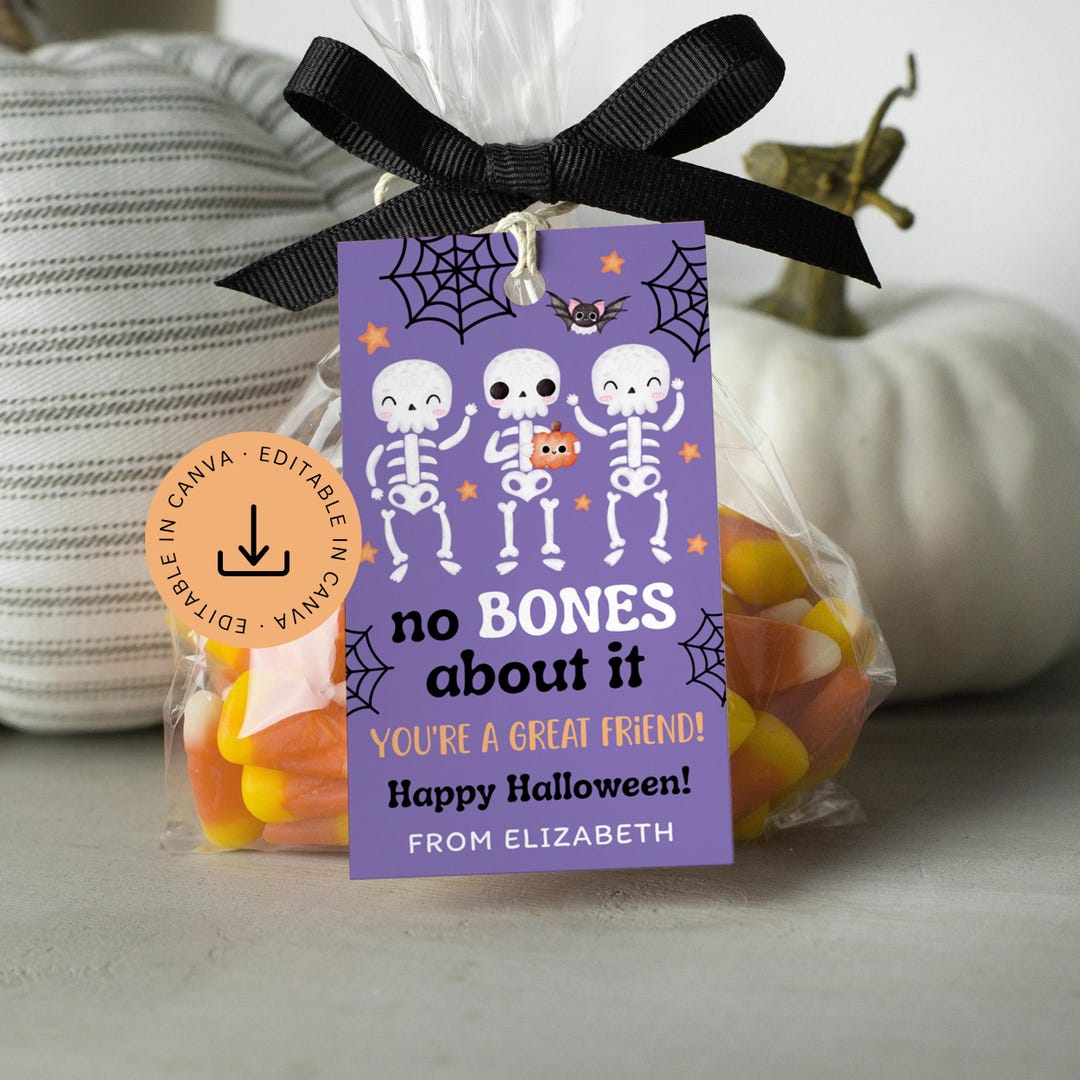 No Bones About It Tag Editable, Purple Halloween Skeleton Tag Printable ...