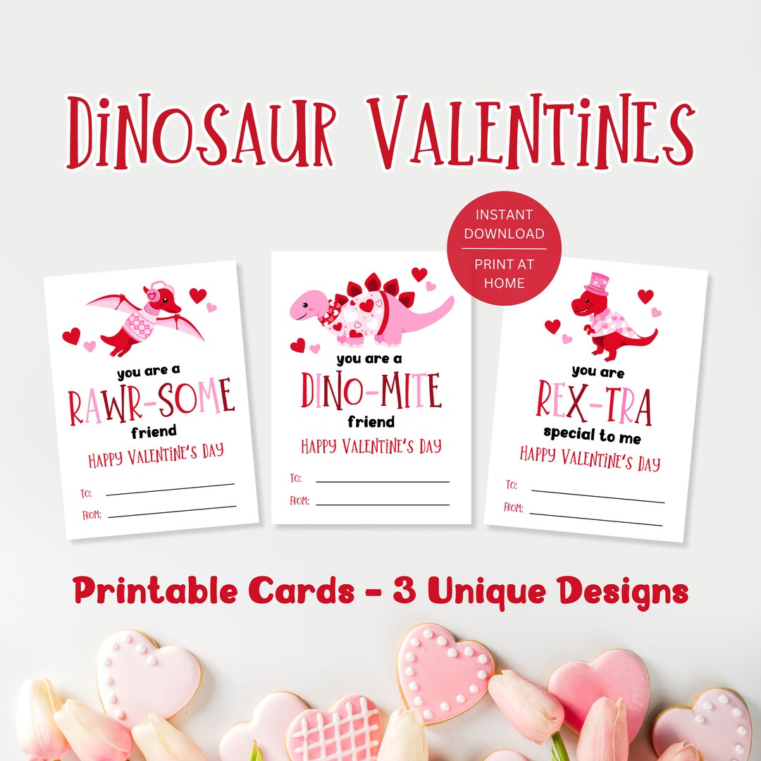 Dinosaur Valentine Cards Printable for Kids, Dino Rawr Dinomite Happy ...